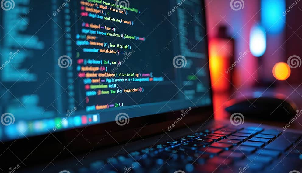Close-up Laptop Screen Shows Lines of Code. Programmer Works on Software Development Project ...
