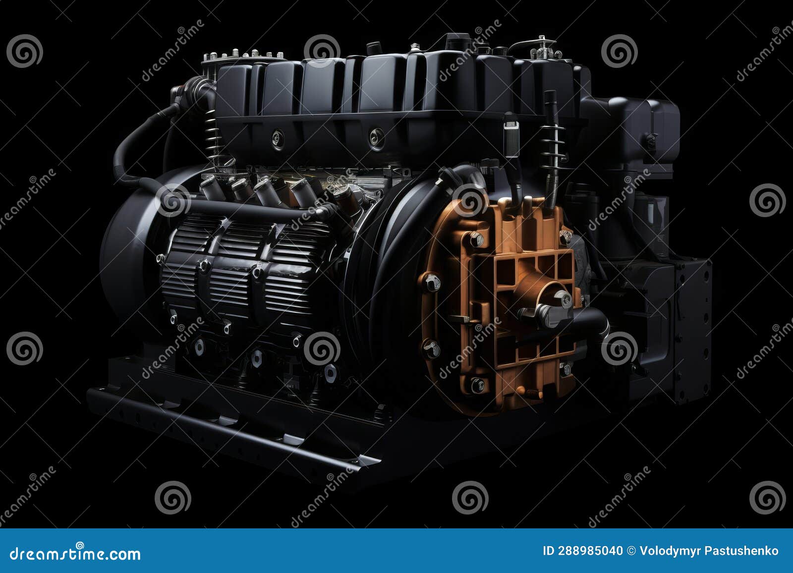 Close Up of Large Engine on Black Background with Black Background ...