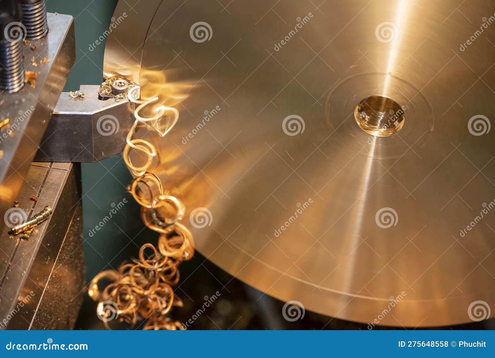 Close-up the Lathe Machine Finish Cutting the Brass Disk Parts by Lathe ...