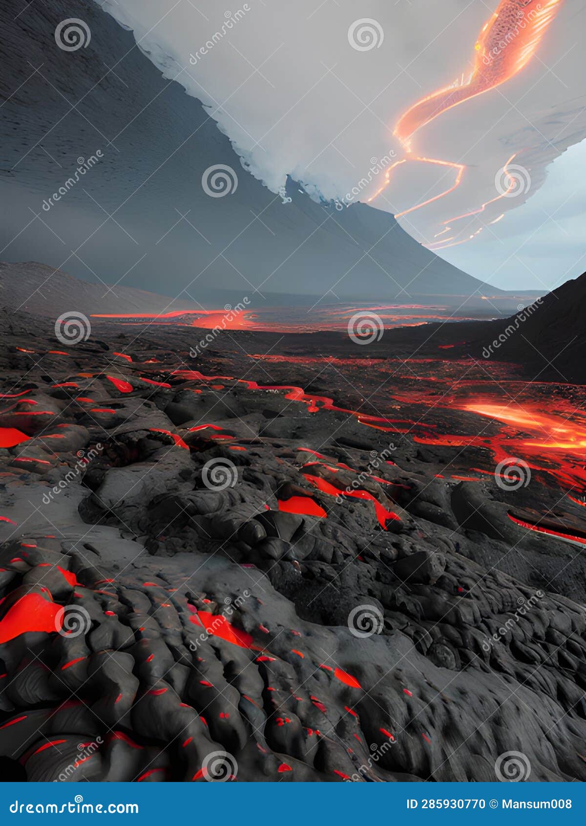 Close Up Lava Landscape with Volcano, Ai Generated Stock Illustration ...