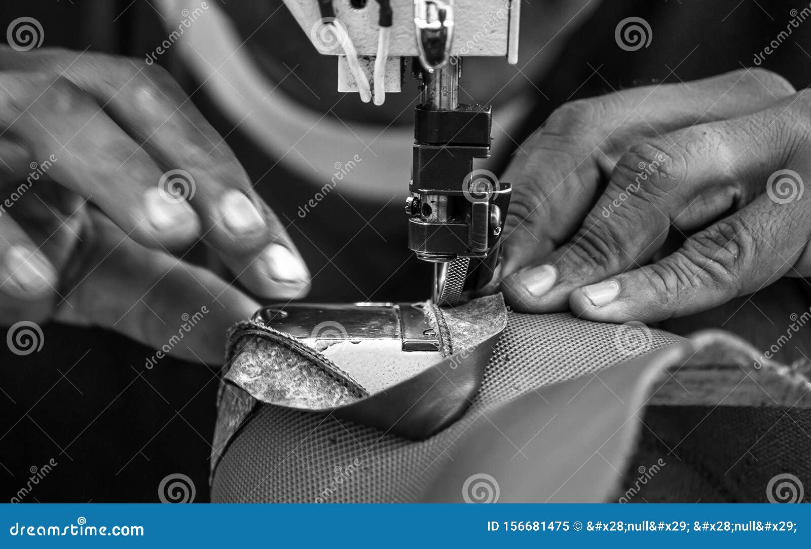 Close Up of Leather Sewing Machine in Action in a Workshop with Hands ...
