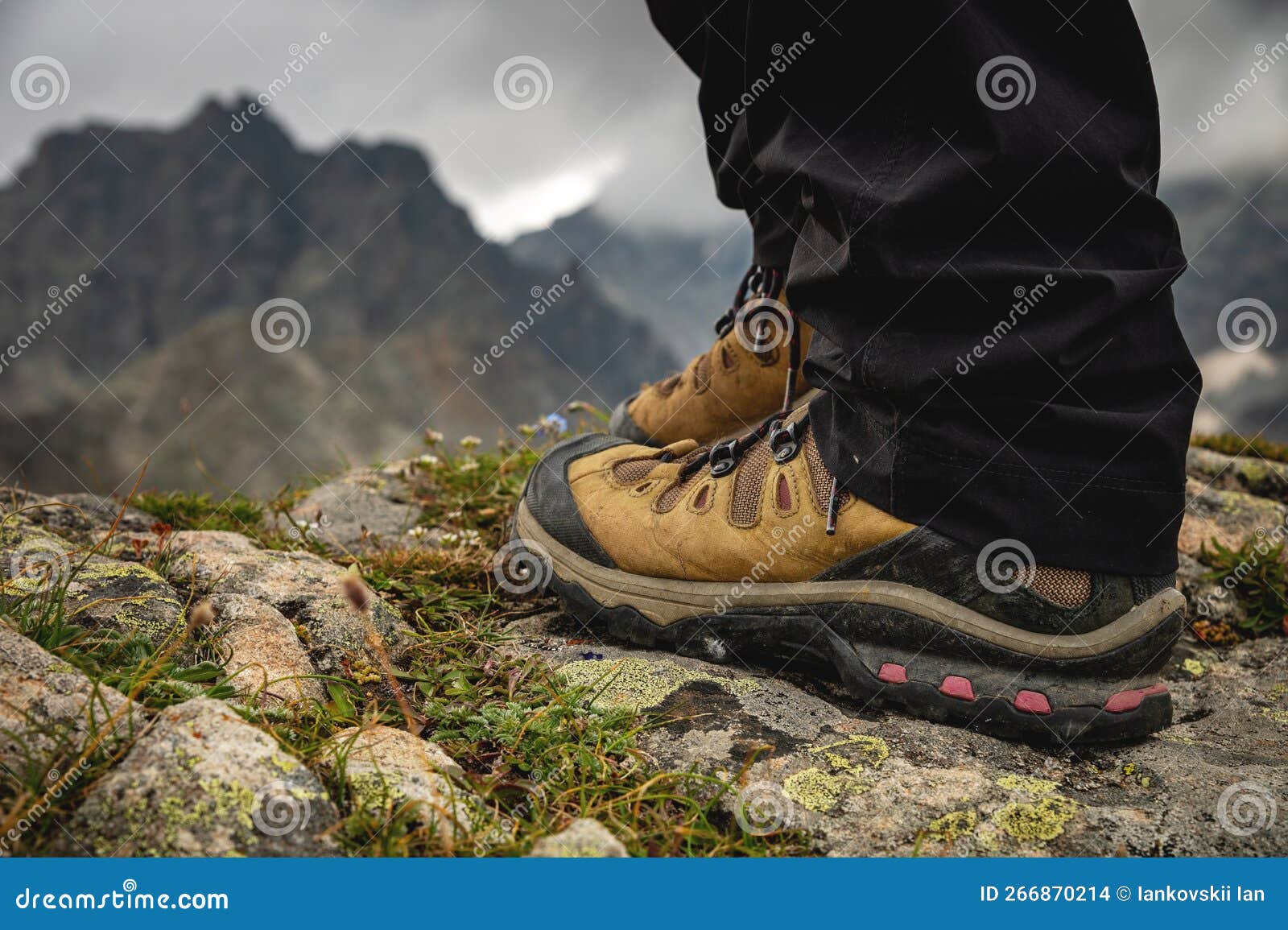 Close-up of Legs in Trekking Boots Against the Backdrop of an Alpine ...