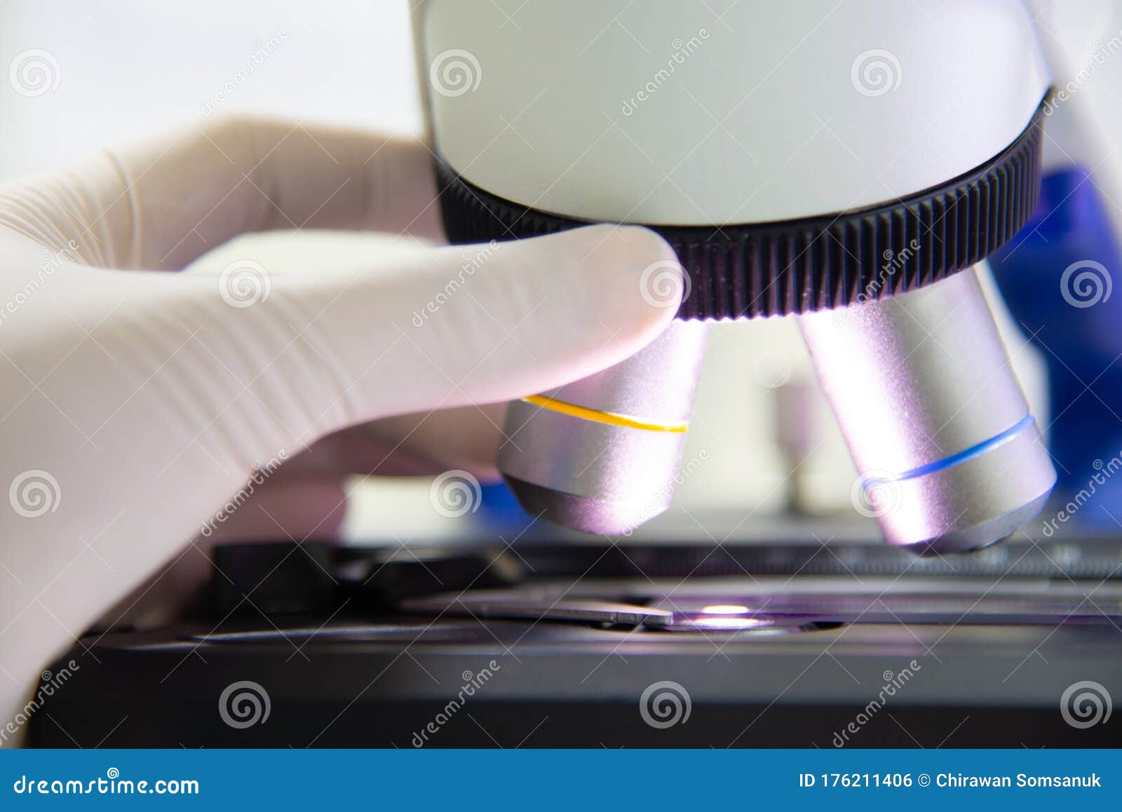 Close Up Lens Microscope in Laboratory Stock Photo - Image of chemist ...