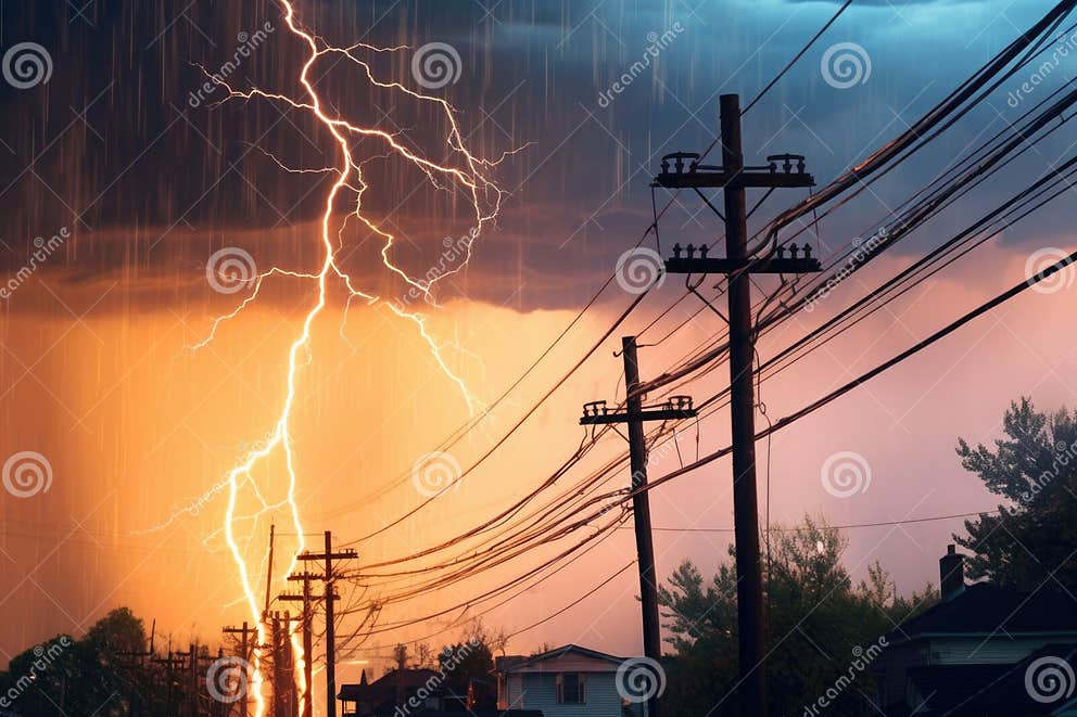Close-up of a Lightning Strike on a Power Line Stock Illustration ...