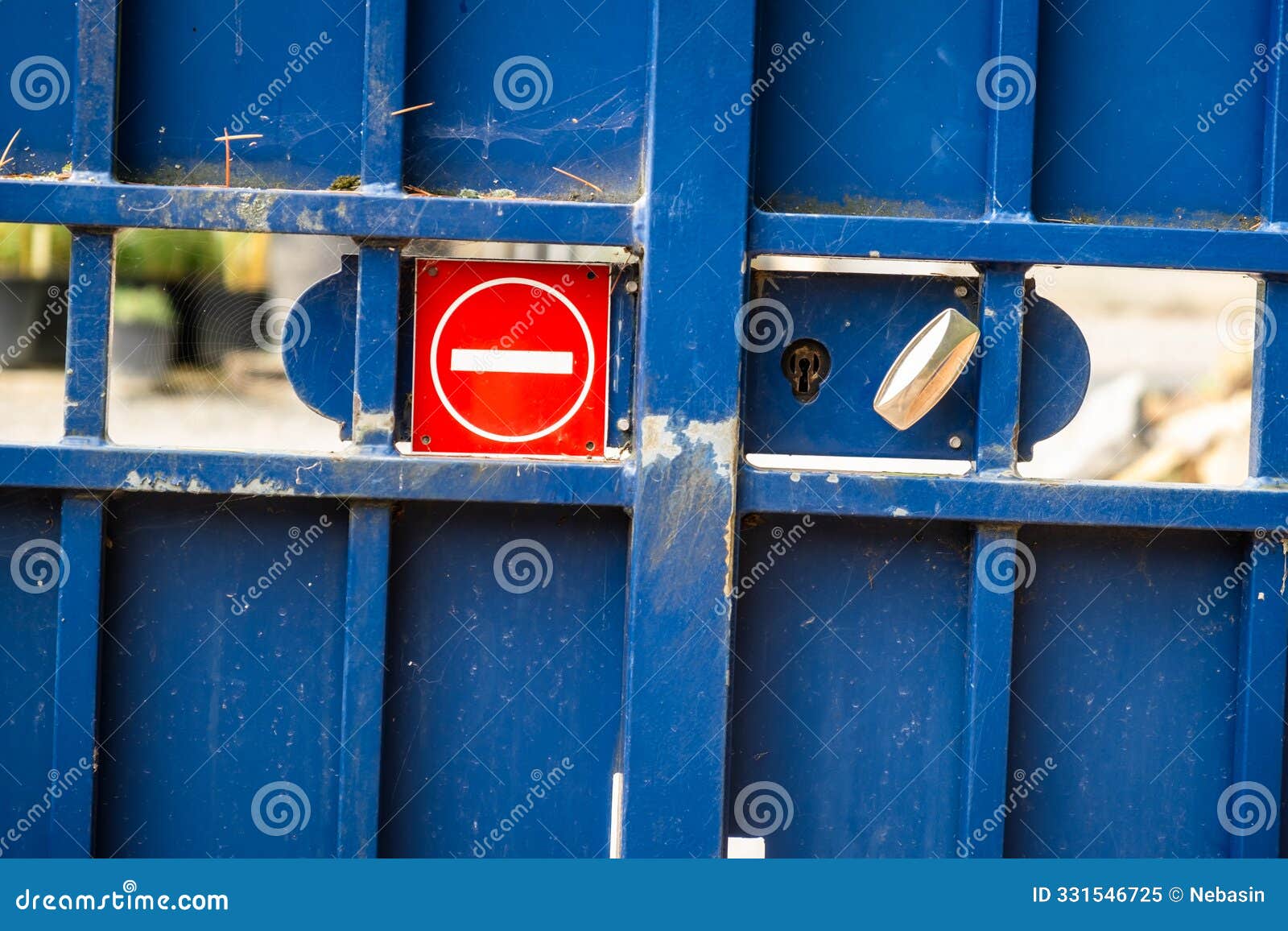 Close-up of a Locked Blue Metal Gate with No Entry Sign and Handle ...