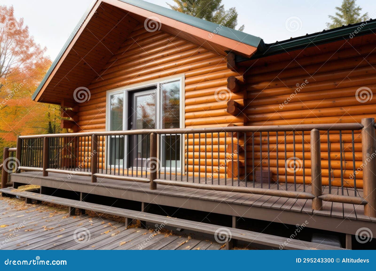 Close-up of Log Cabin Facade with Balcony Doors Open Stock Photo ...