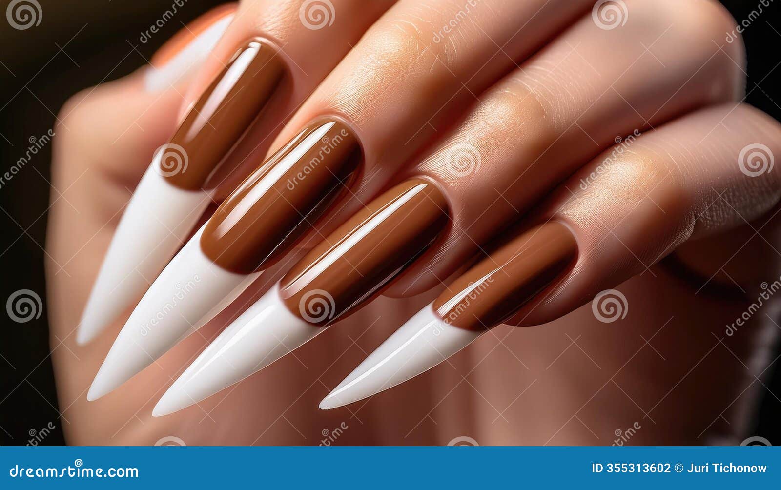 Close-up of Long Sharp Nails with a Brown and White Ombre Design Stock ...