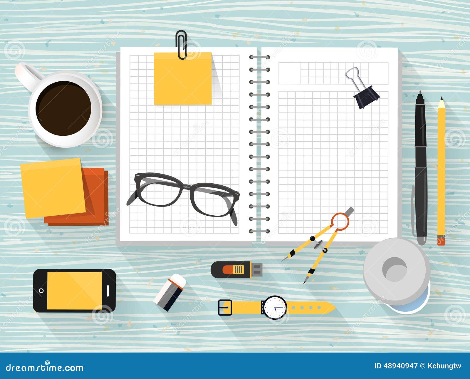 Close Up Look at Workplace Objects in Flat Design Stock Vector ...