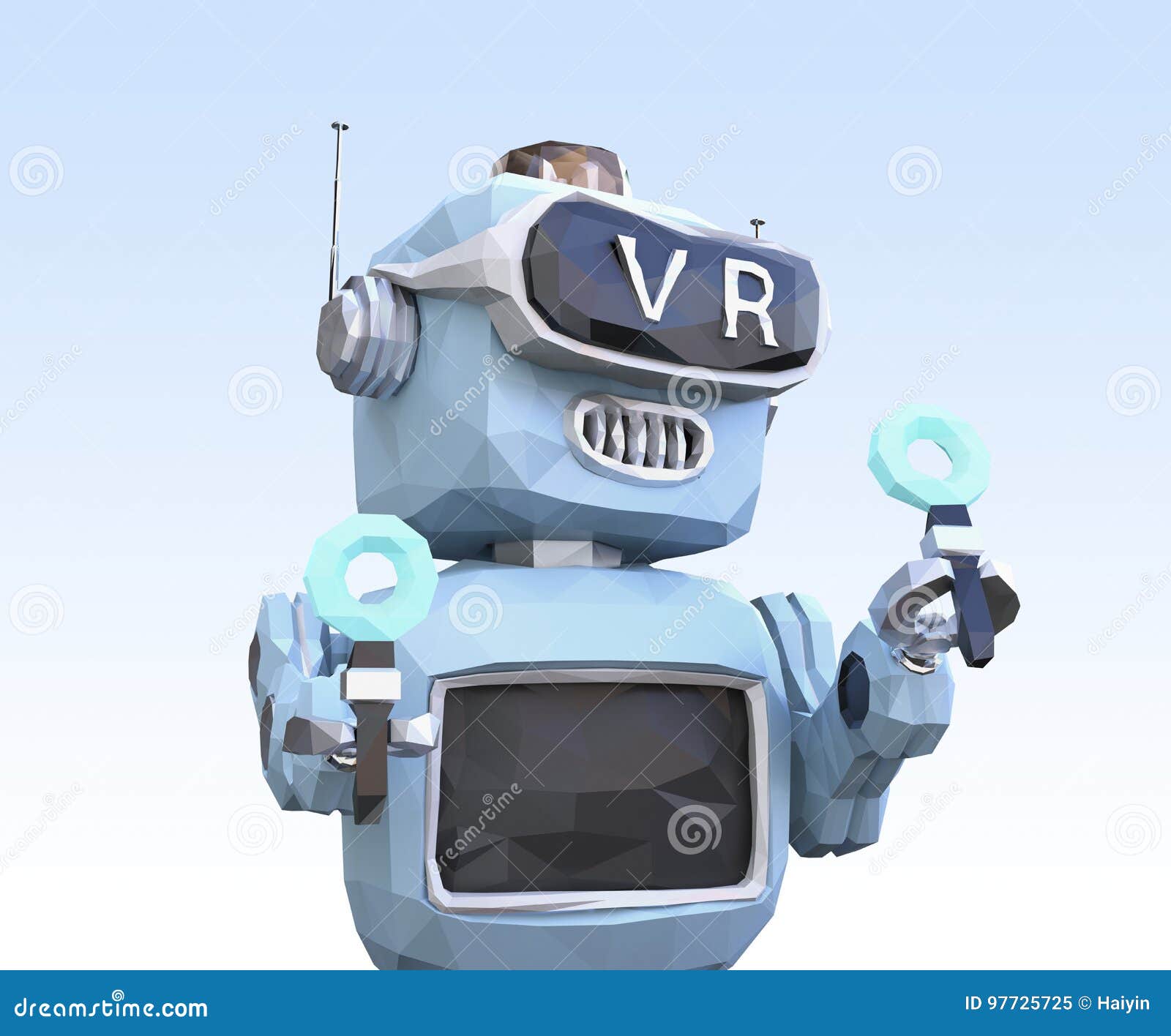 Close Up Of Low Poly Retro Robot Wearing VR Headset On Light Blue ...