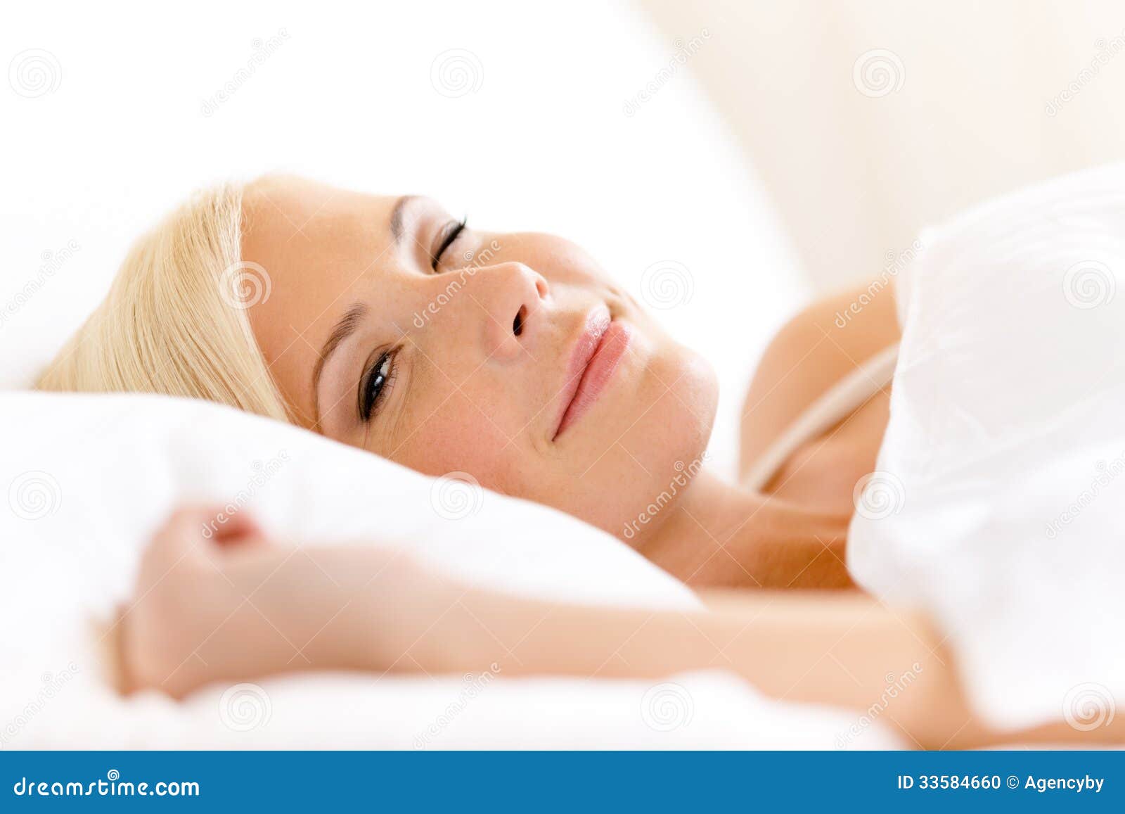 Close Up of Lying in Bed Woman Stock Photo - Image of furniture ...