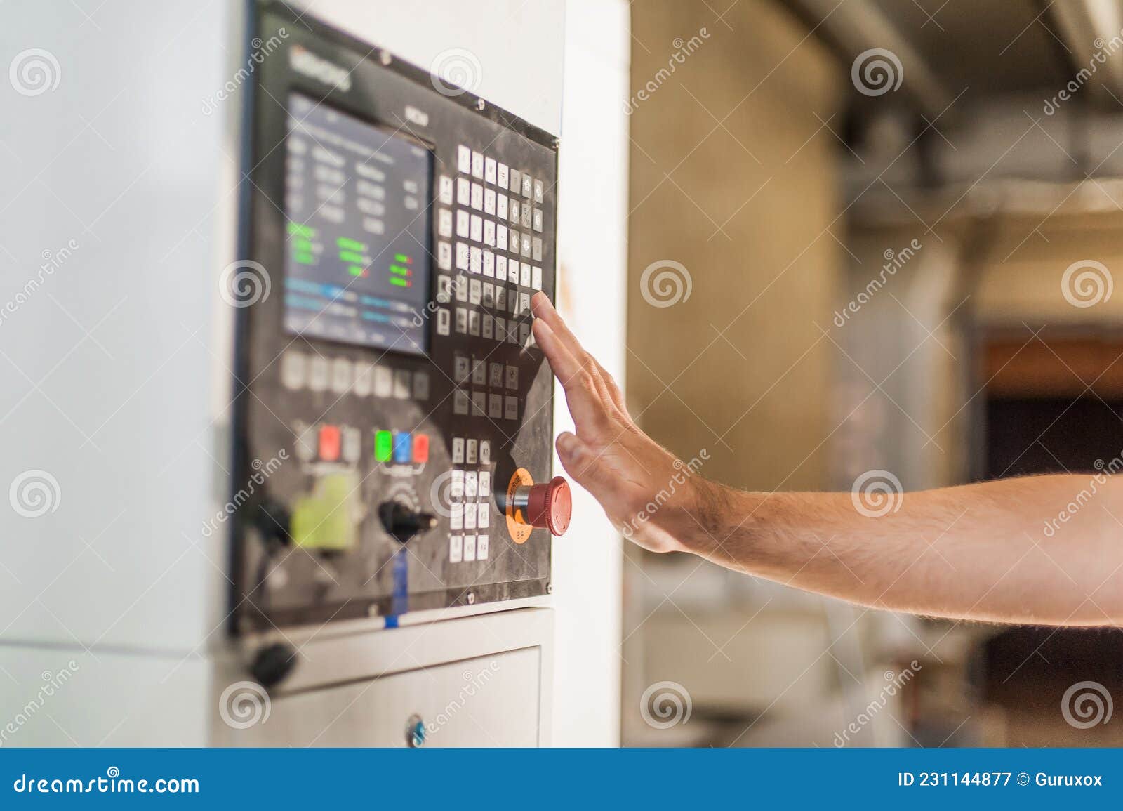 Close-up of Machinist Pressing Emergency Stop Button on Control Panel ...