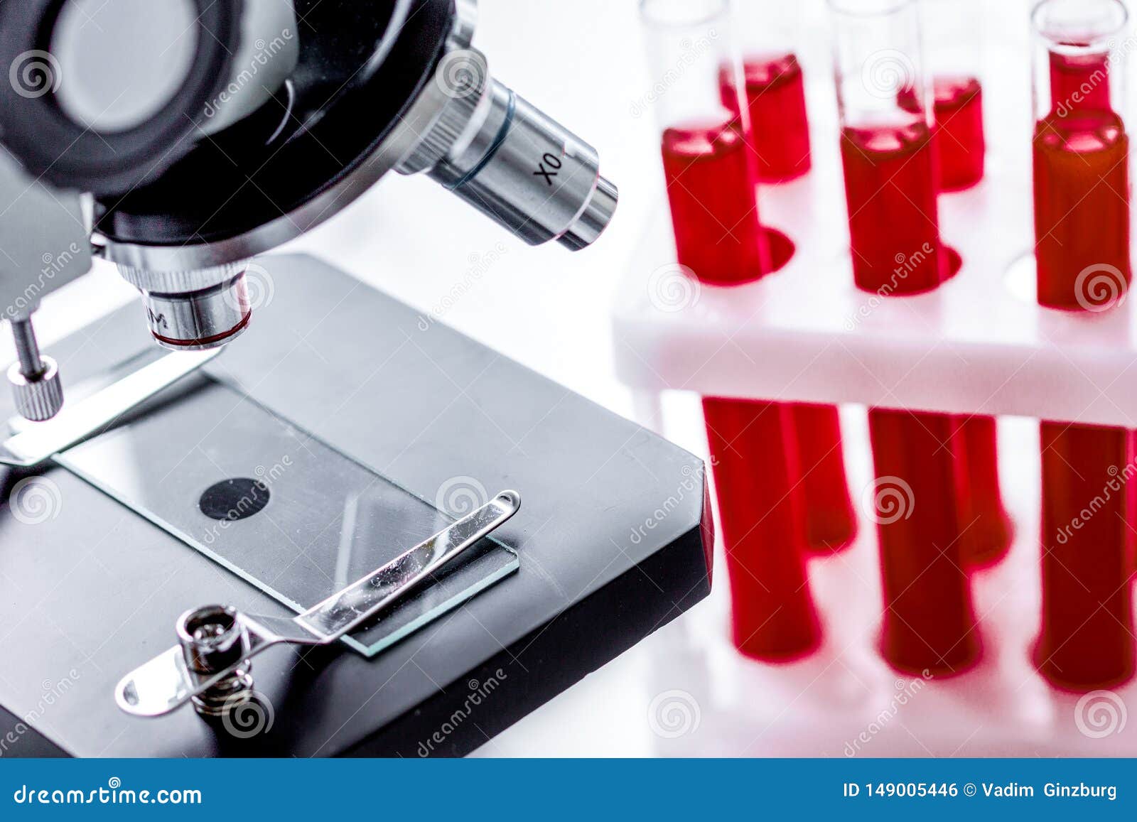 Close Up Macro Microscope with Blood Sample on White Background Stock ...