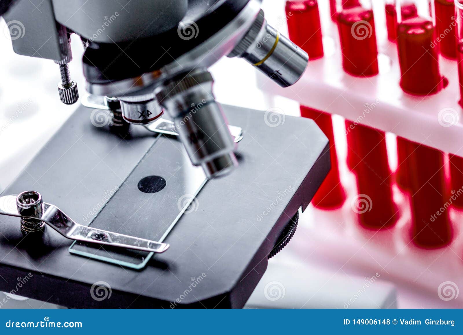 Close Up Macro Microscope with Blood Sample on White Background Stock ...