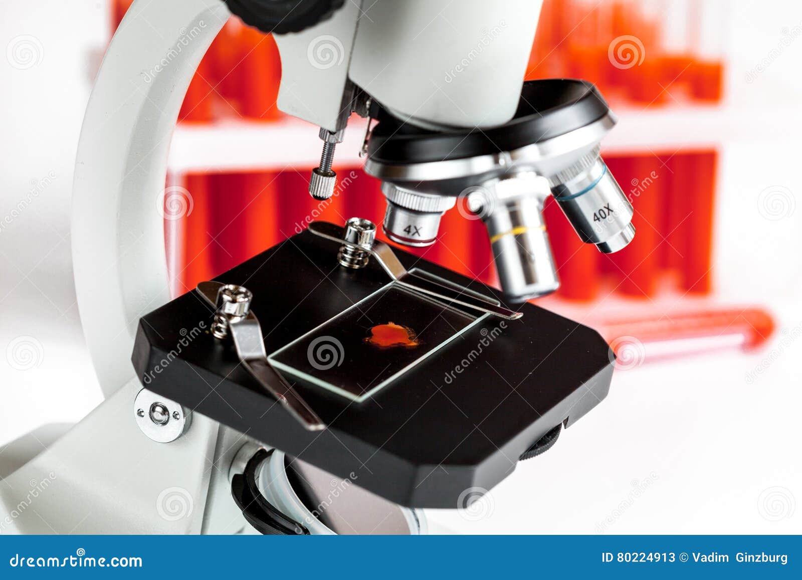 Close Up Macro Microscope with Blood Sample on White Background Stock ...