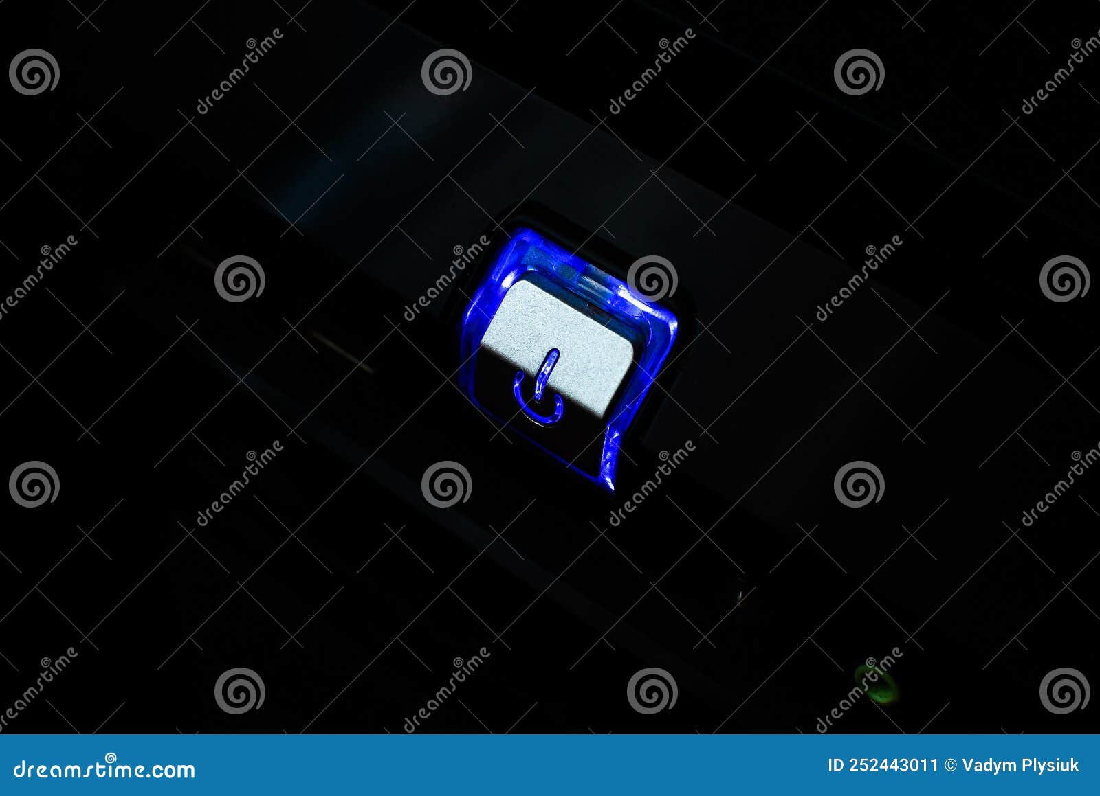 Close Up Macro Shot of the Press the Power Button on Computer. Turn on ...