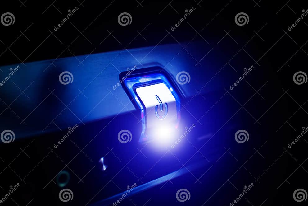 Close Up Macro Shot of the Press the Power Button on Computer. Turn on ...