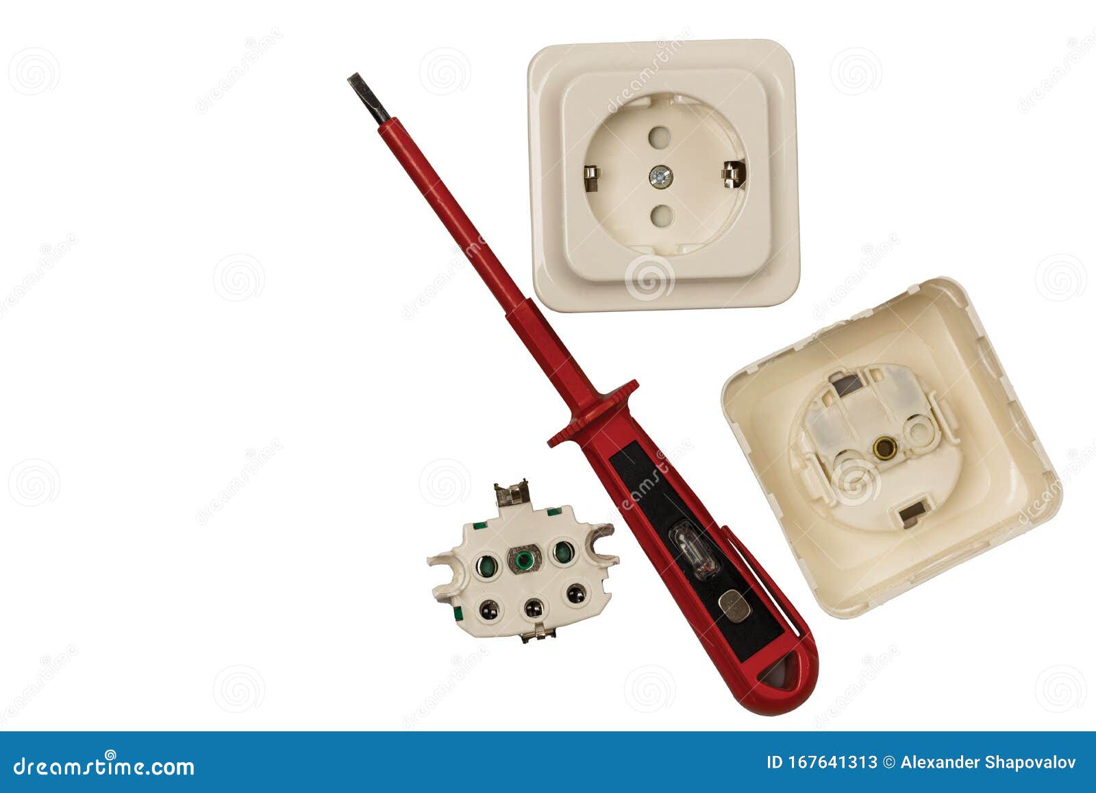 Close Up Macro View of White Power Socket with Red Tester. Electricity ...