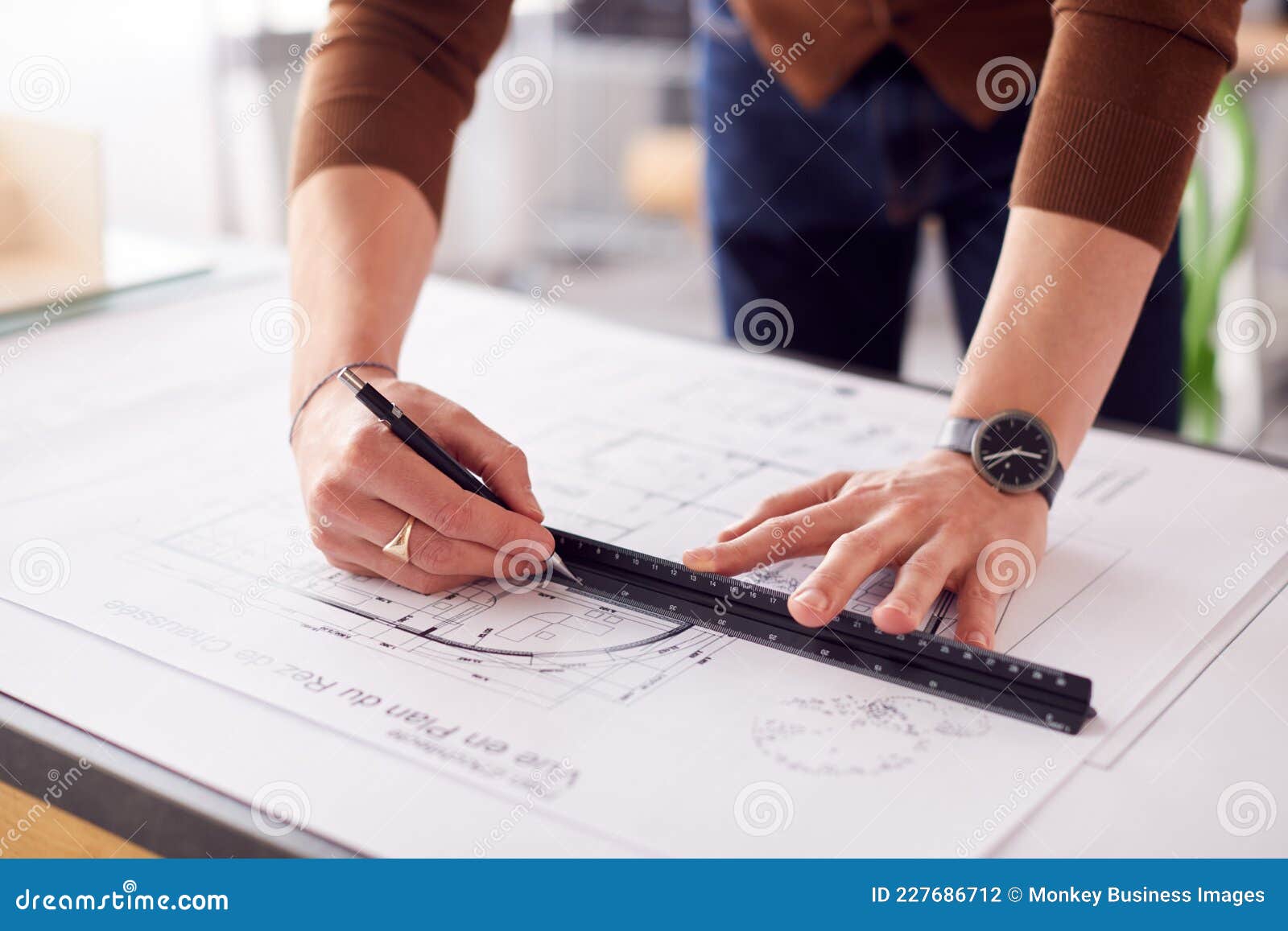 Blueprint With Ruler And Laptop On Office Desk Stock Photography ...