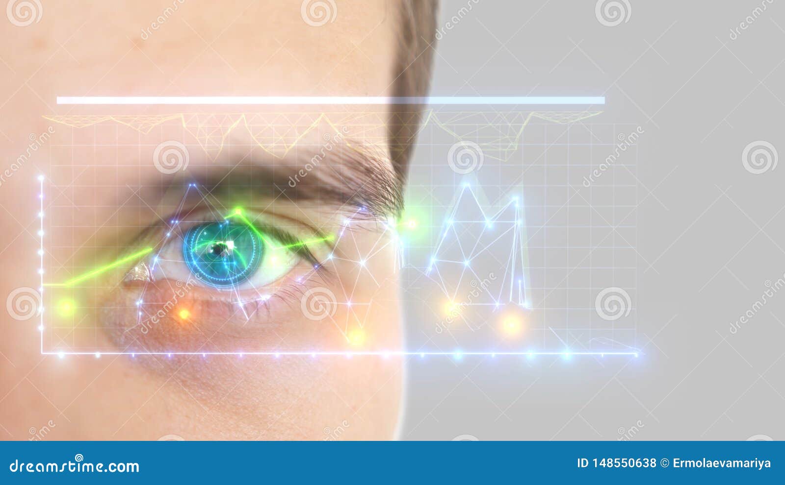 Close Up of Male Eye with Iris Scan on a Grey Background. Future ...