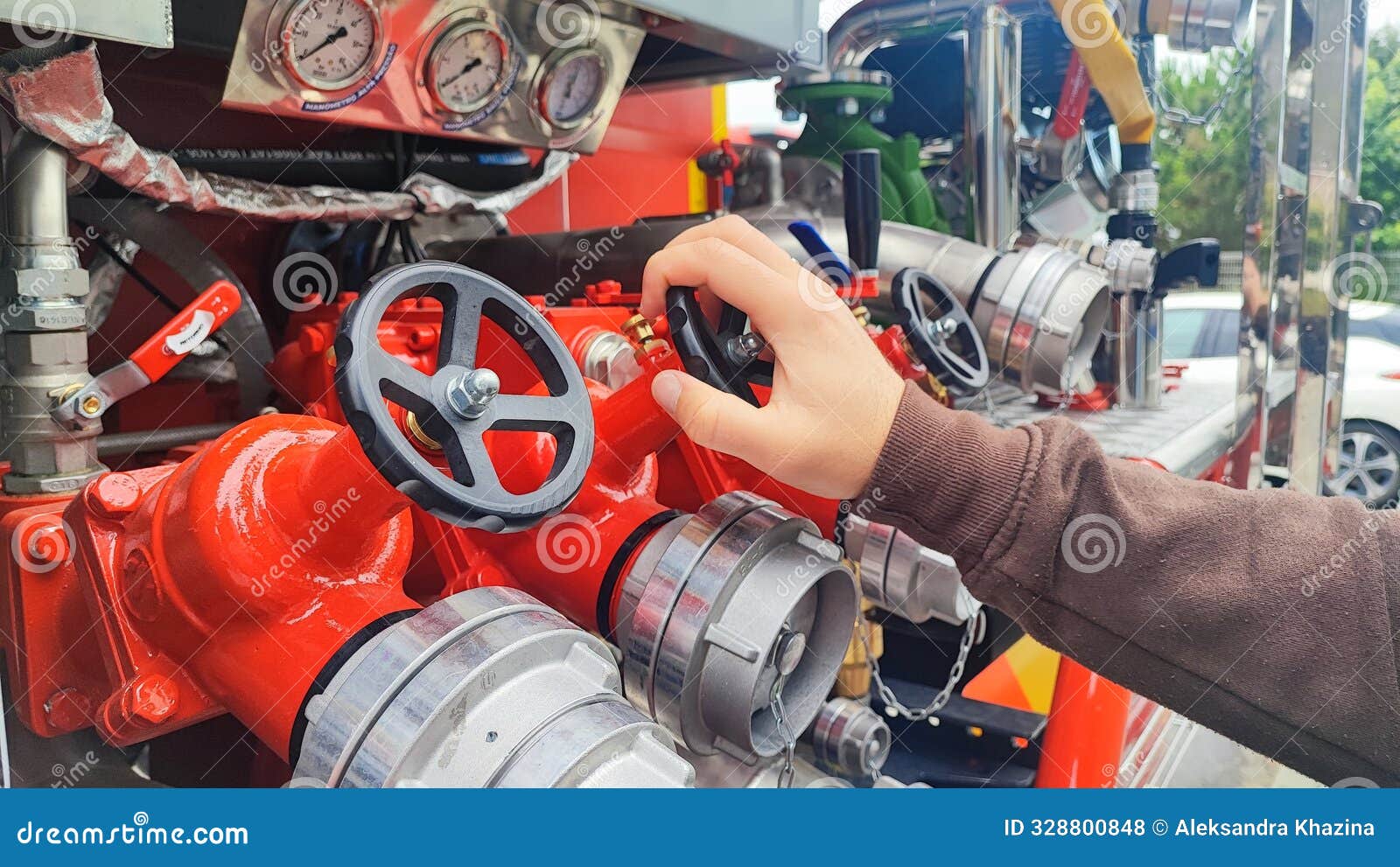 Close Up of Male Hand on Control Valve in Fire Engine Stock Photo ...