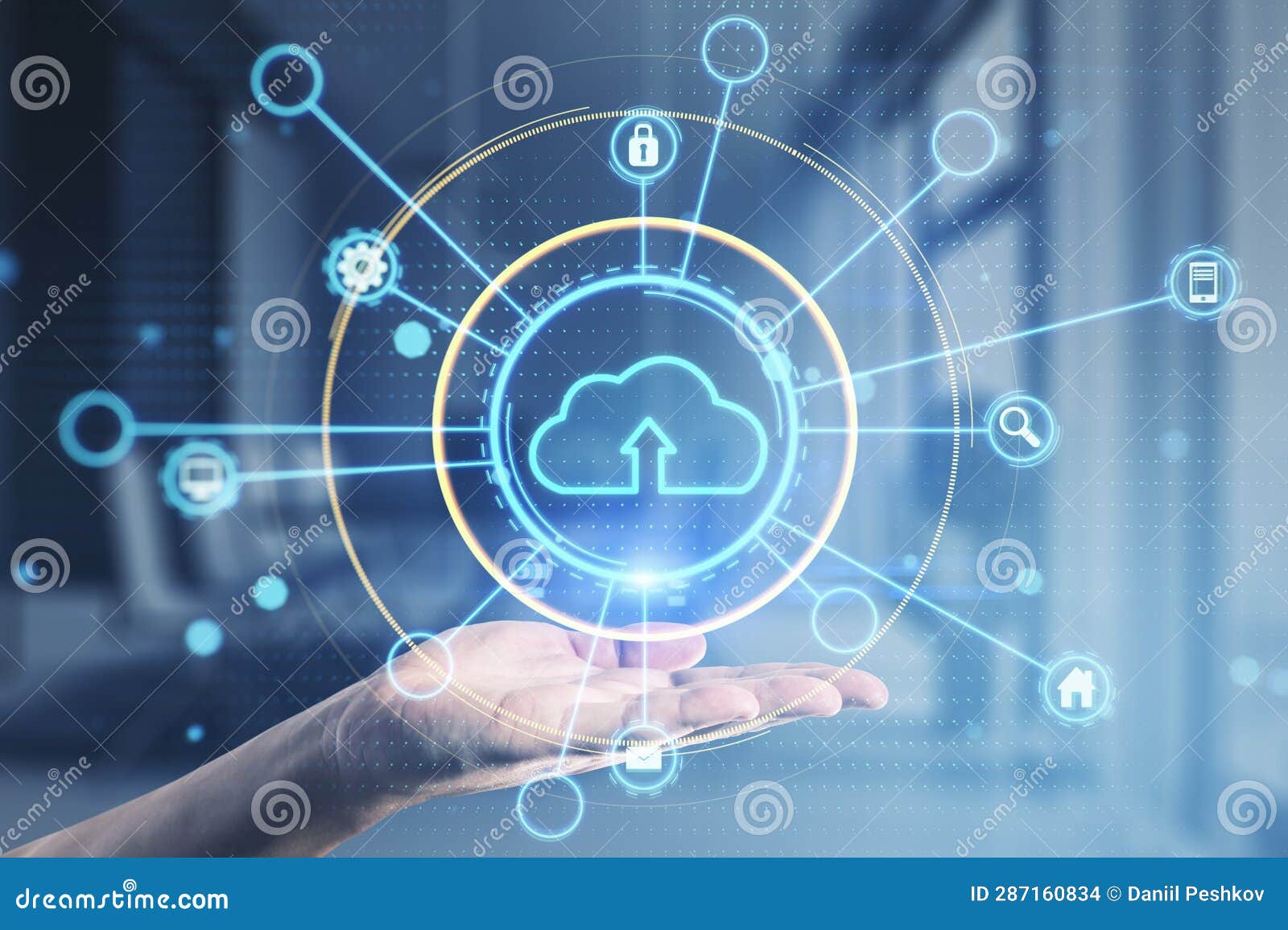 Close Up of Male Hand Holding Glowing Cloud Computing Hologram on ...