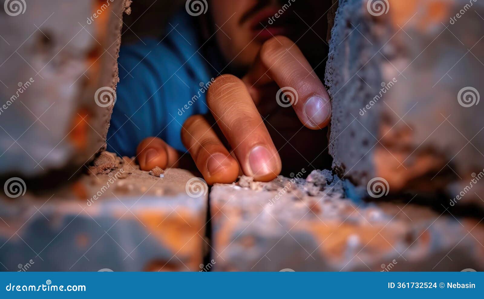 Close-up of Male Hand Reaching through Brick Wall Opening Stock Photo ...