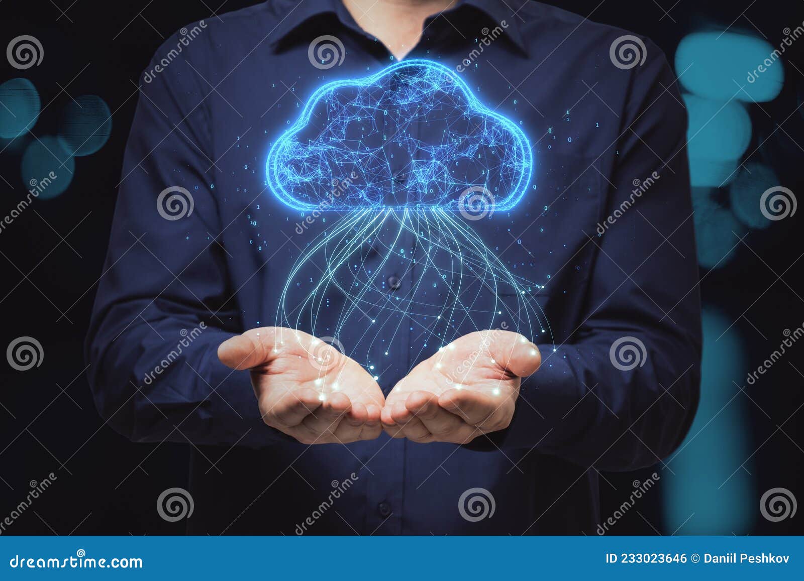 Close Up of Male Hands Holding Glowing Blue Digital Cloud with Binary ...