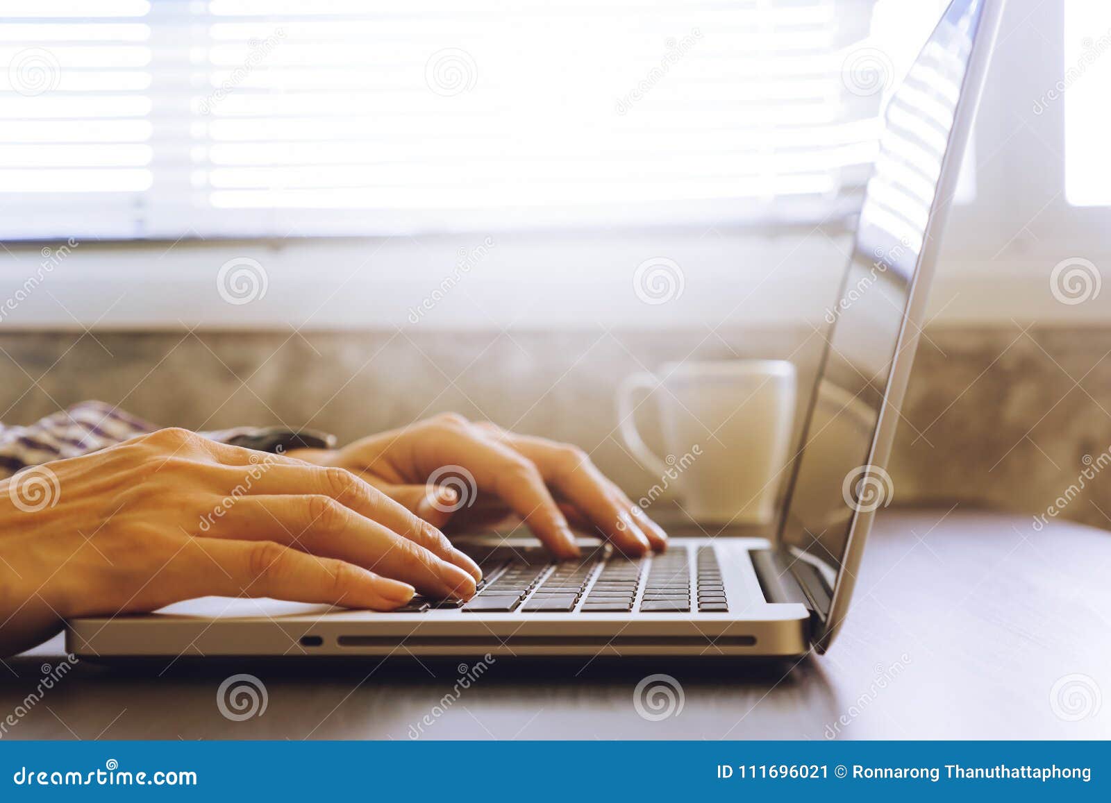 Close Up of Male Hands Using Laptop on the Desk. Stock Image - Image of ...