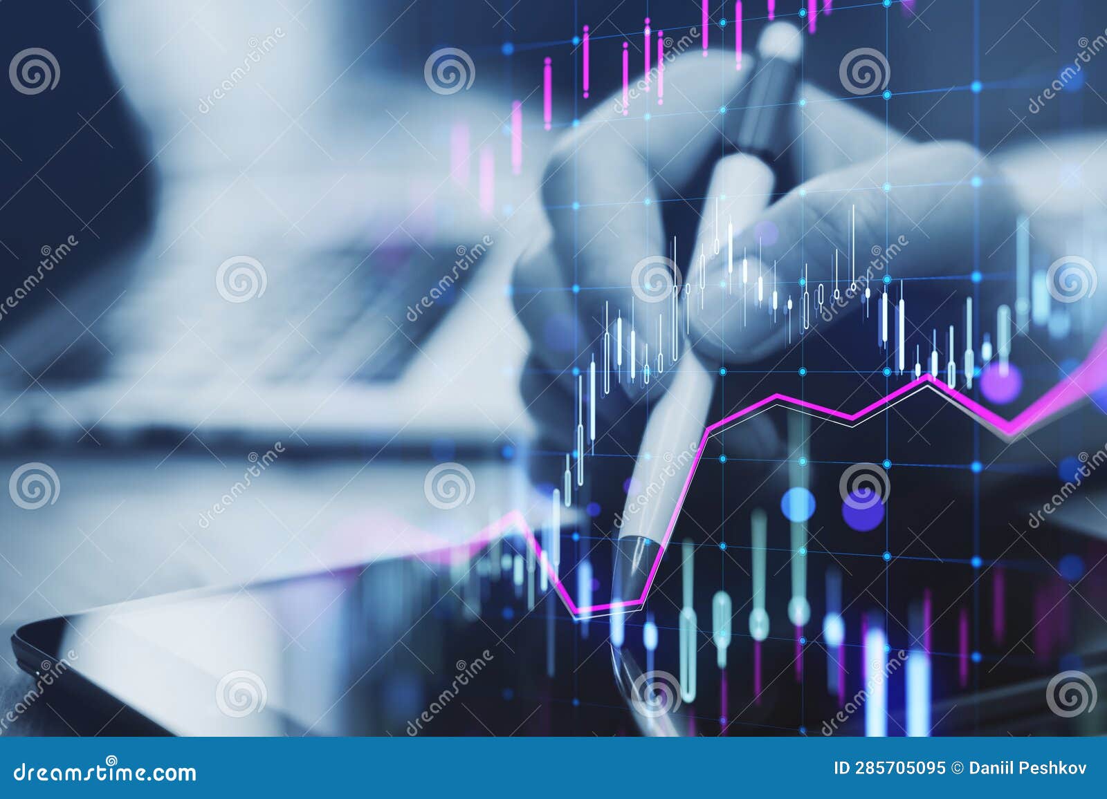 Close Up of Male Hands Using Laptop Keyboard at Workplace with Glowing ...
