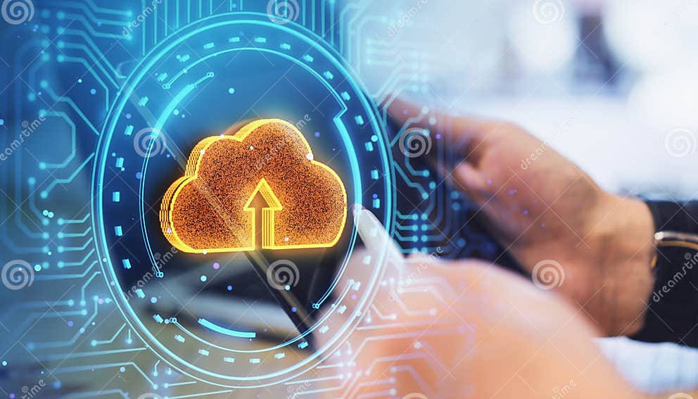 Close Up of Male Hands Using Tablet with Glowing Digital Cloud in ...