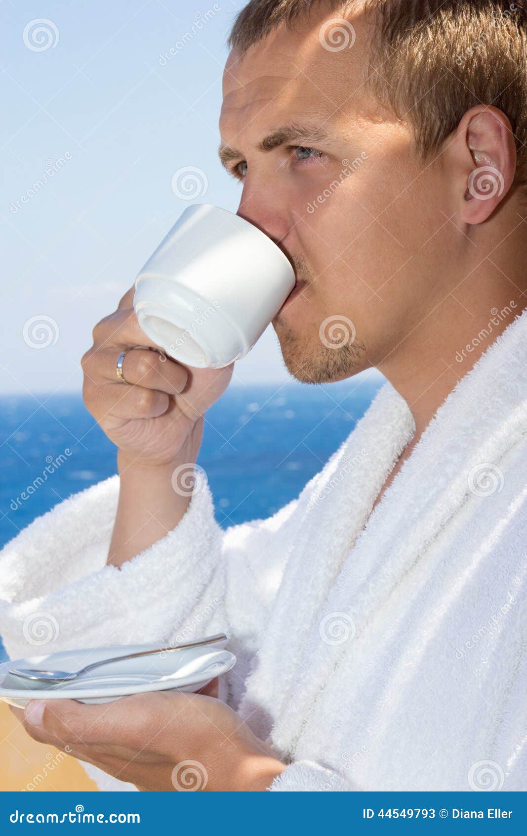 Close Up of Man in Bathrobe Drinking Coffee on Balcony Stock Image ...