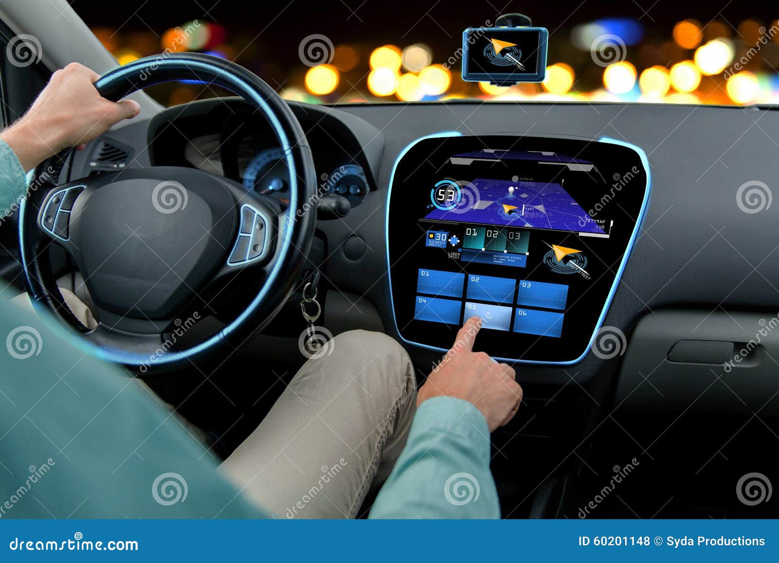 Close Up of Man Driving Car with Navigation System Stock Photo - Image ...