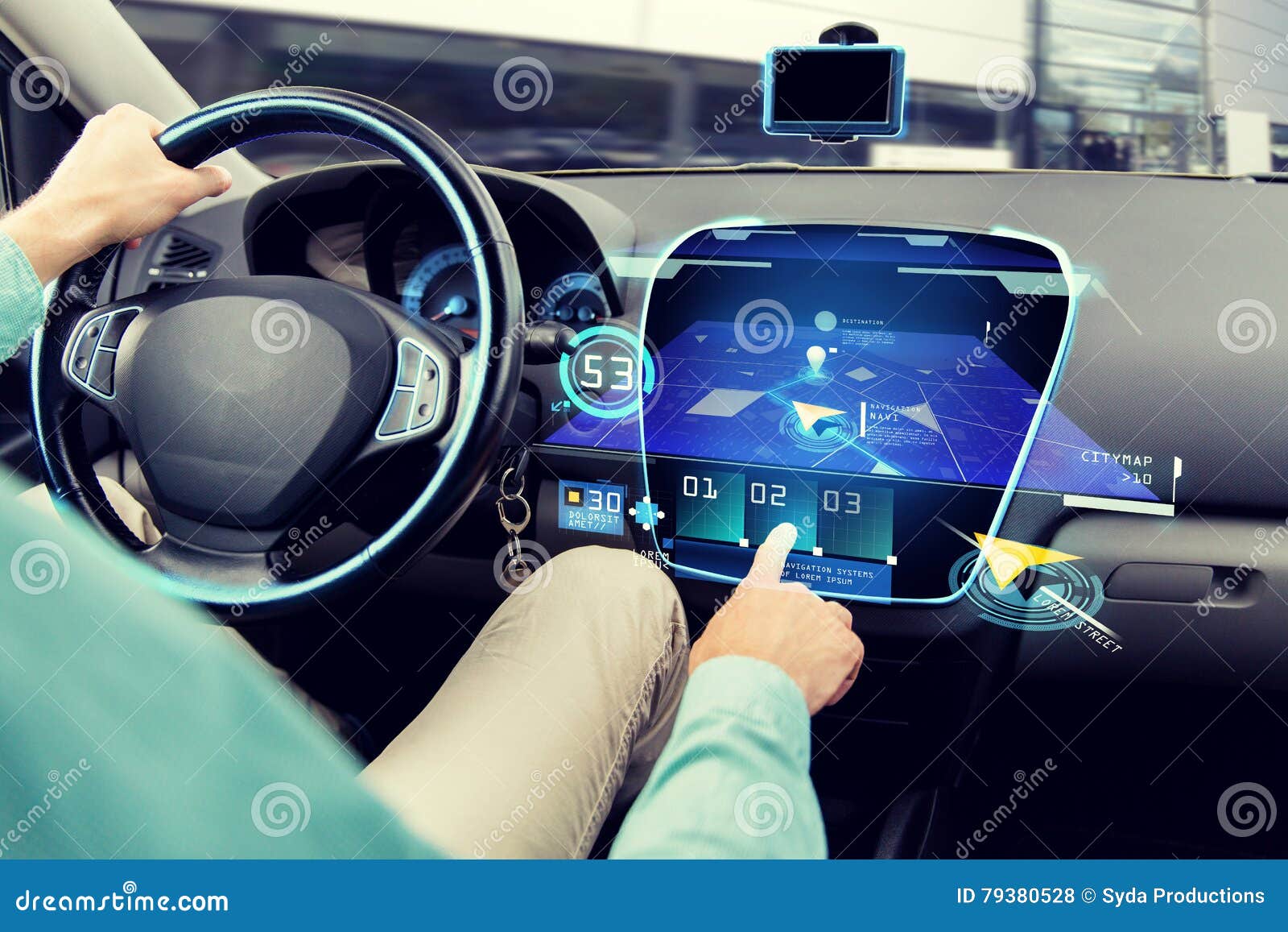Close Up of Man Driving Car with Navigation System Stock Photo - Image ...