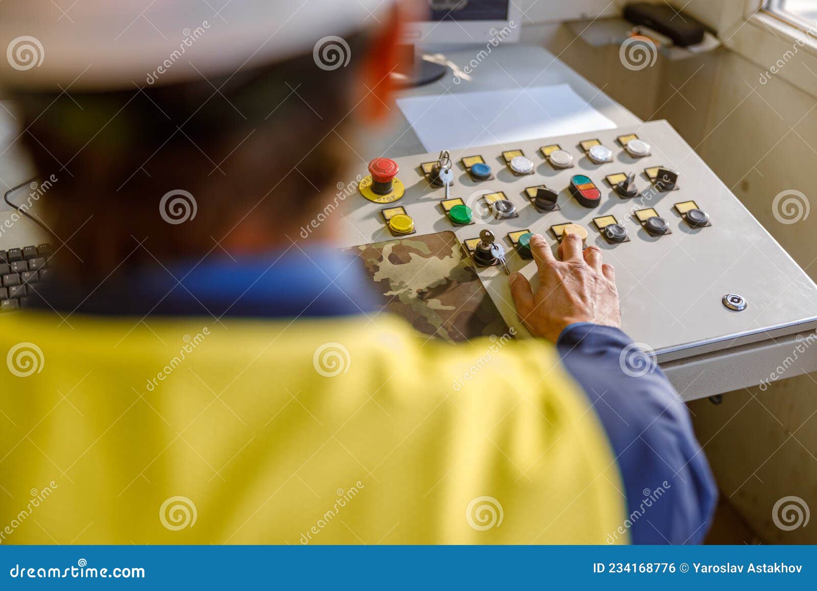 Male Engineer Sitting at the Table and Pressing Button Stock Photo ...