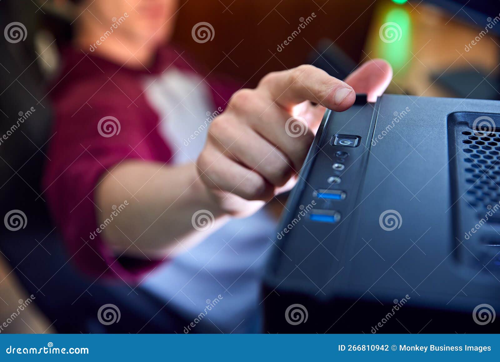 Close Up of Man Gaming at Home Turning Power Switch on Computer on or ...