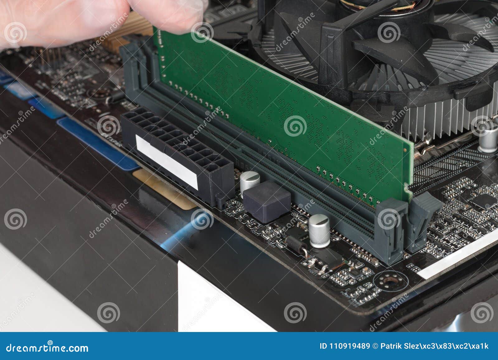 Close Up of Man Hand with Glove Installing Ram DDR4 Memory Module in ...