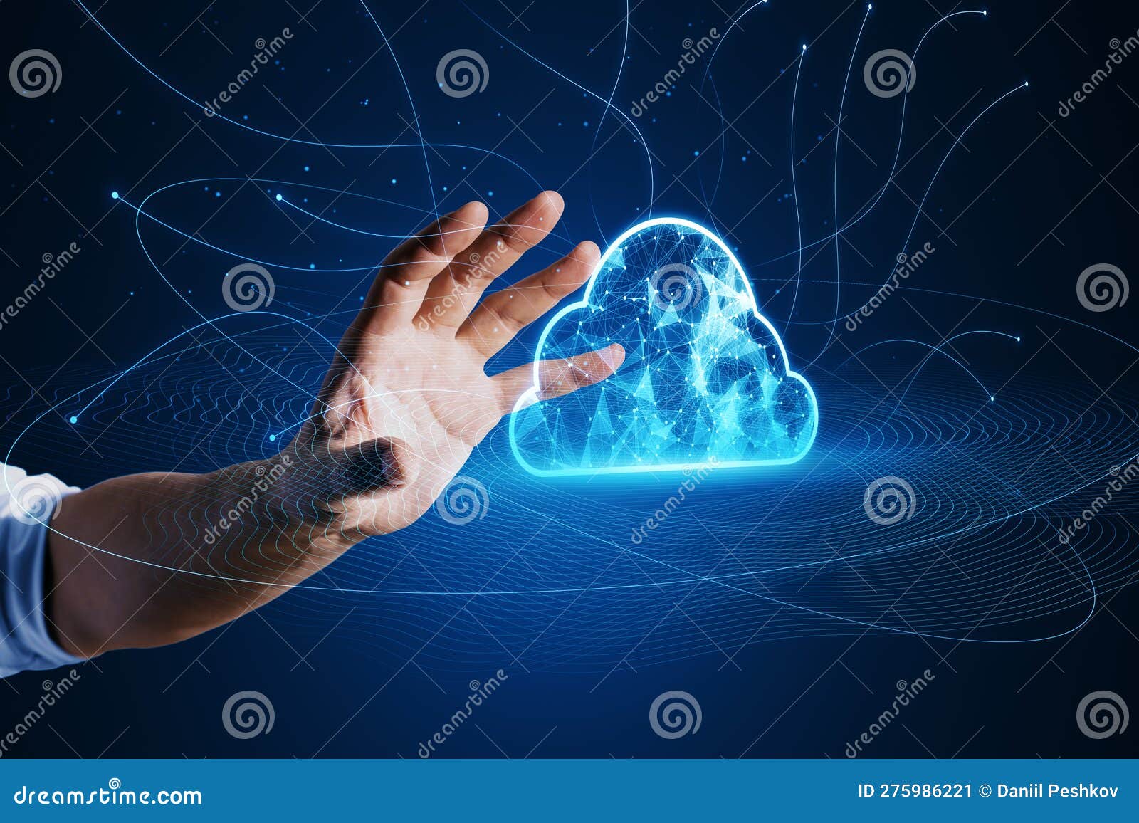 Close Up of Man Hand Holding Digital Polygonal Cloud with Lines on ...