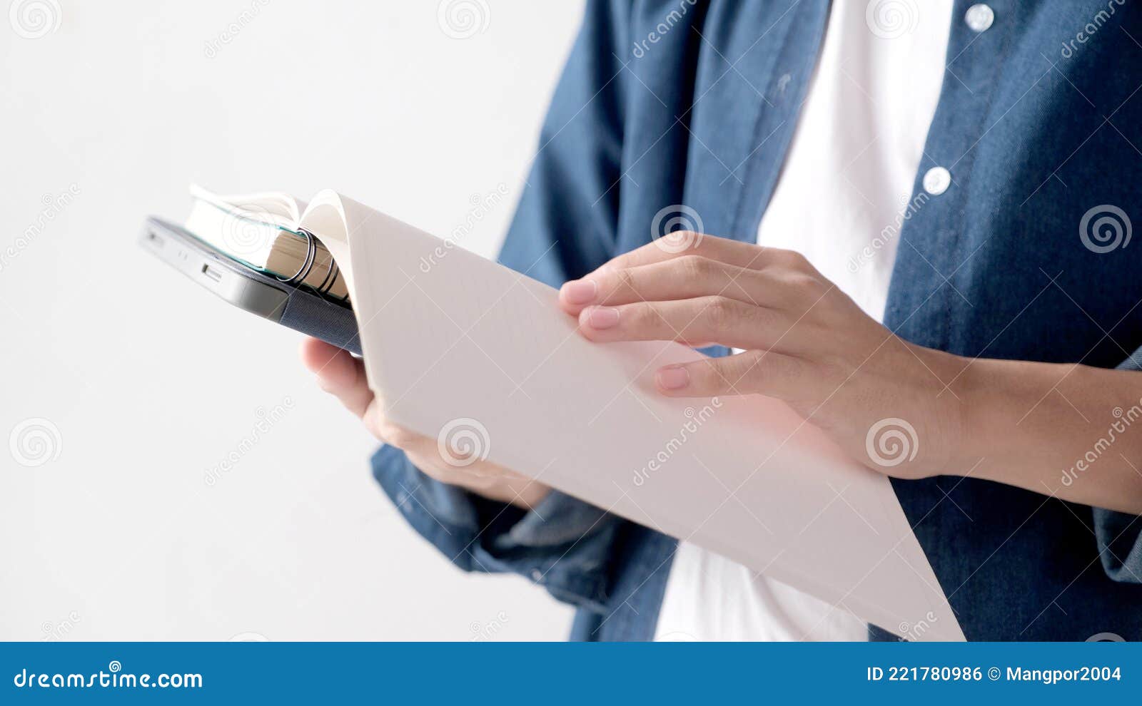Close Up of Man Hand Opening Book for Reading while Standing Over White ...