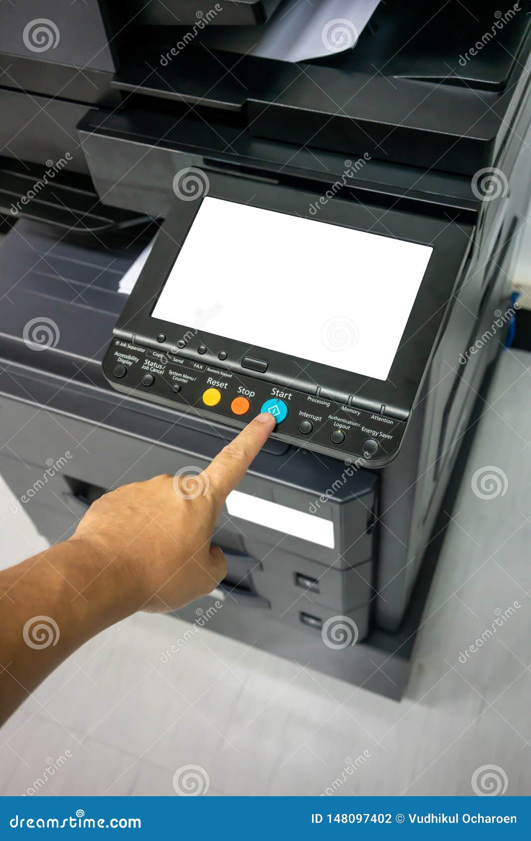 Close-up Man Hand Press Button on Panel of Printer, Printer Scanner ...