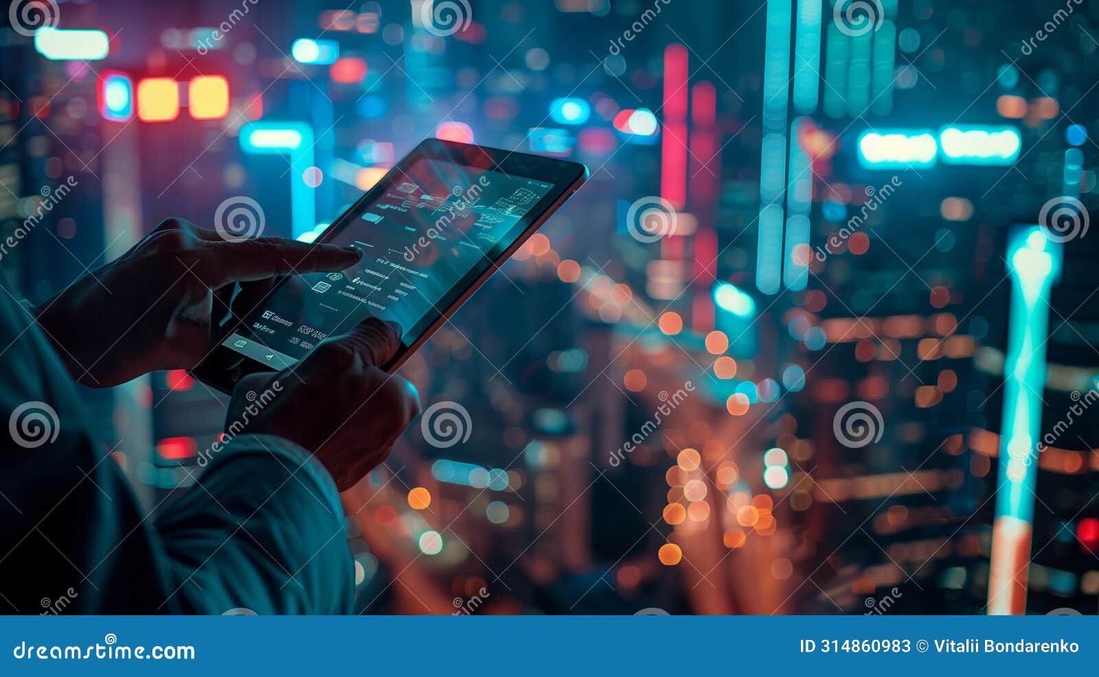Close Up of Man Hand Using Tablet with Night City Lights Background ...