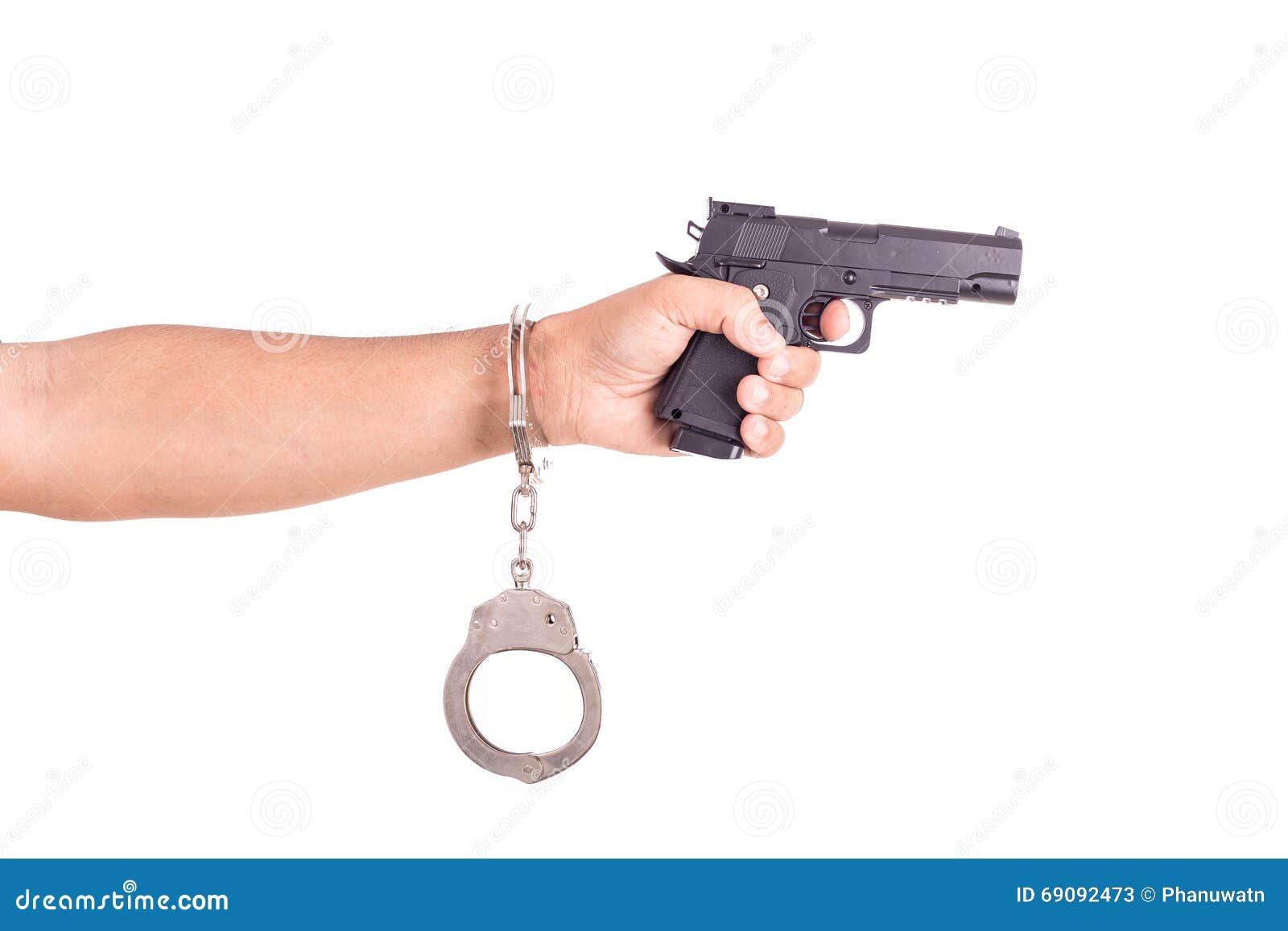 Close Up Man with Handcuffs and Gun on Hands Isolated on White Stock ...