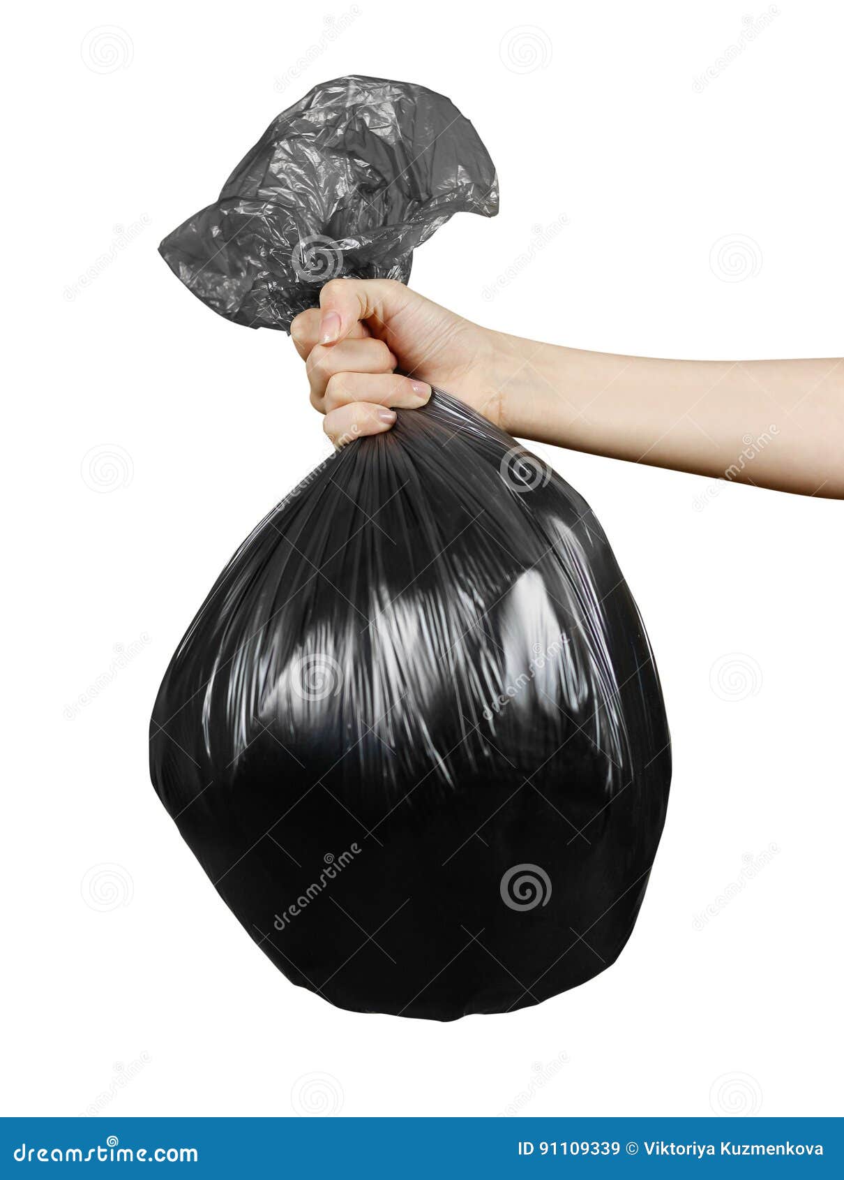Close Up Man Hands Holding Black Garbage Bag. Isolated On White Stock ...