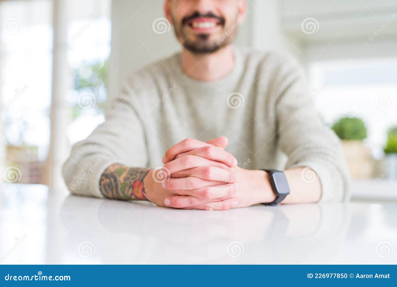 Close Up of Man Hands Over White Table Stock Photo - Image of beard ...