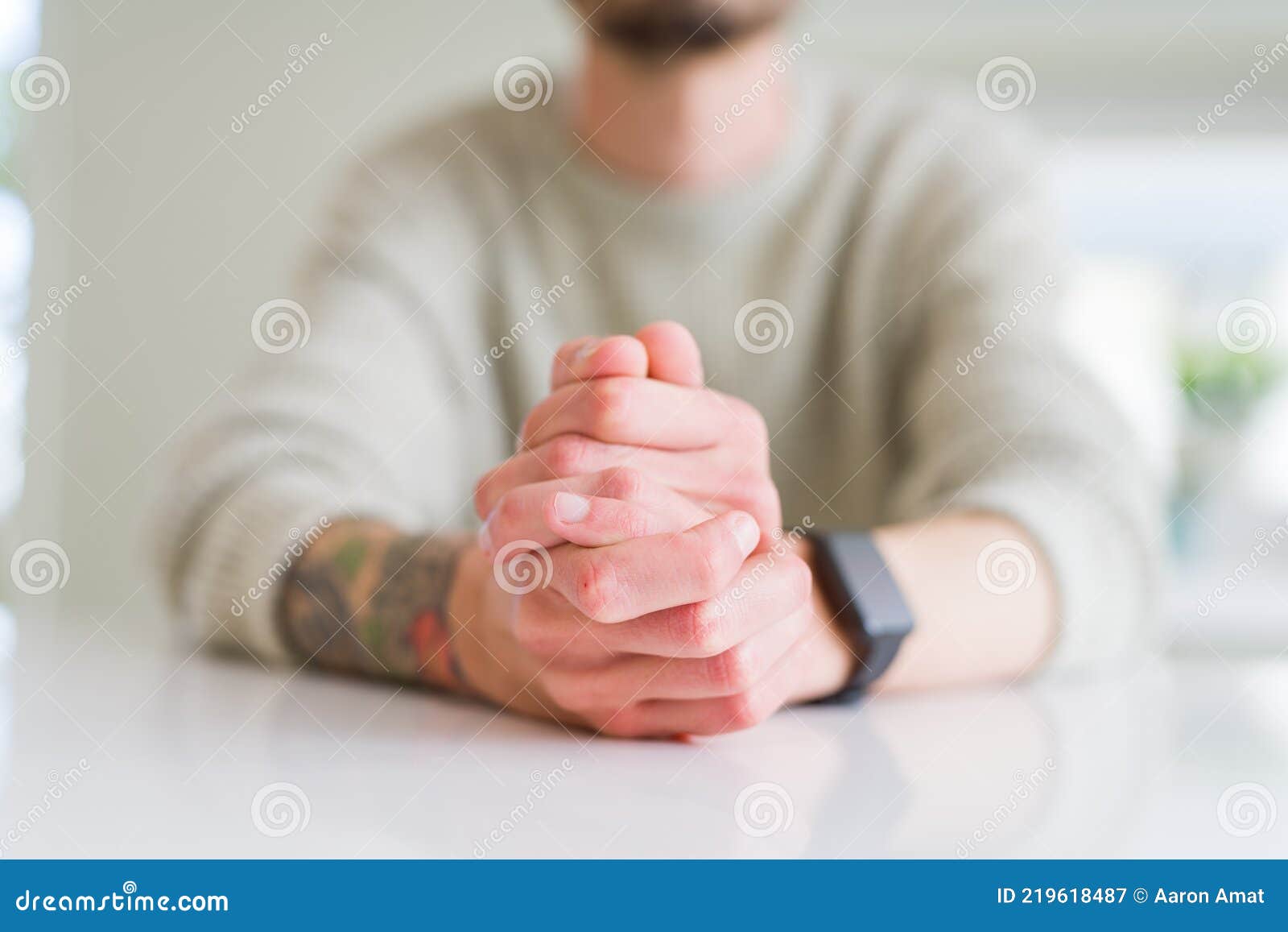 Close Up of Man Hands Over White Table Stock Image - Image of fingers ...