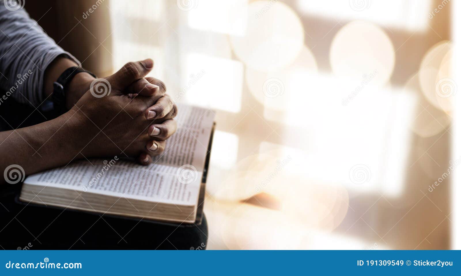 Close Up of Man Hands Praying on Bible Stock Image - Image of church ...