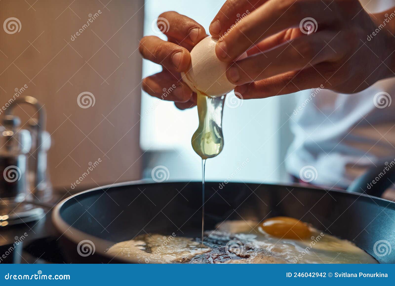 Close Up of Man Hands Throwing Broken Egg on Pan Stock Photo - Image of ...