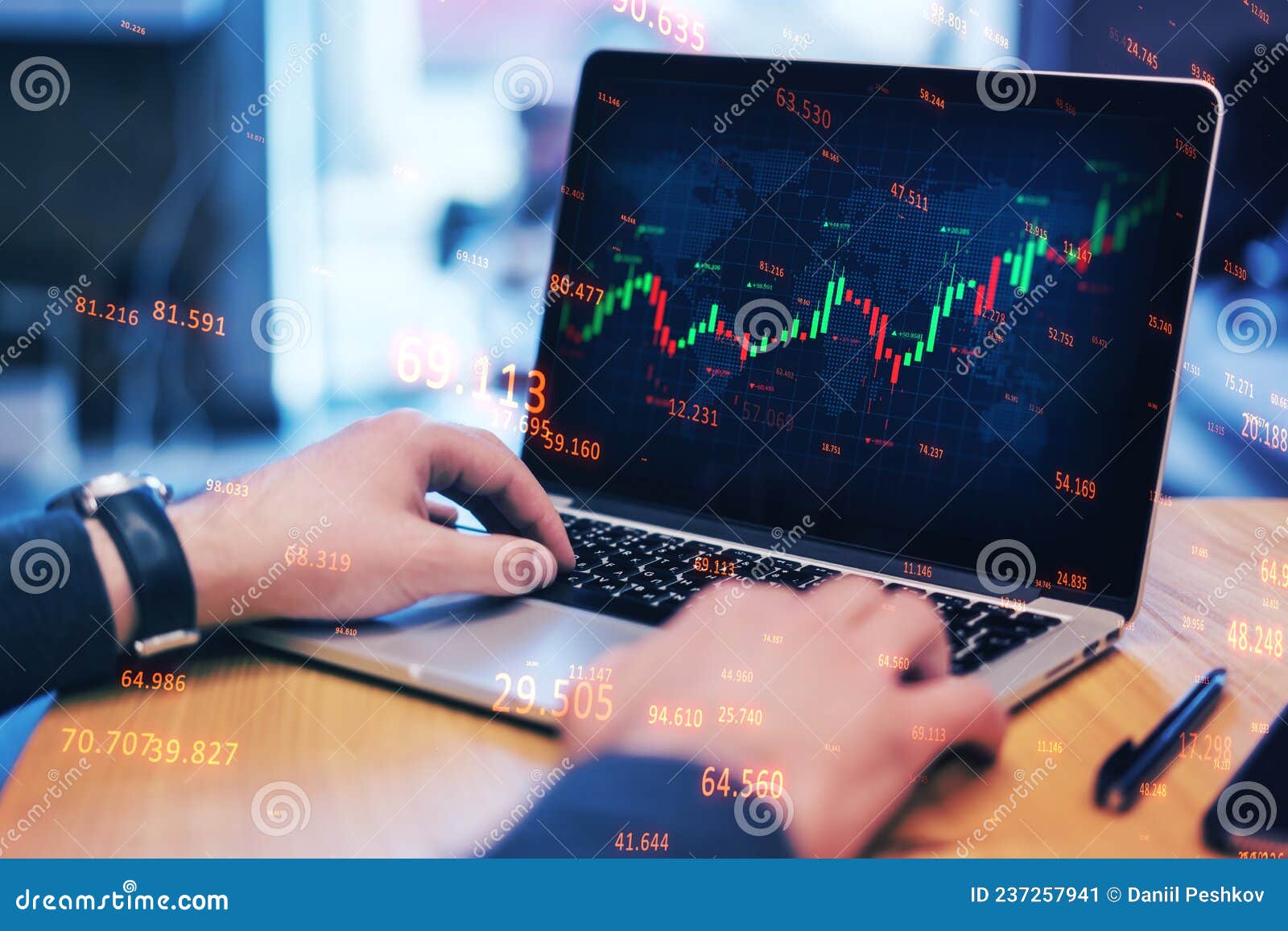 Close Up of Man Hands Using Laptop with Abstract Candlestick Forex ...