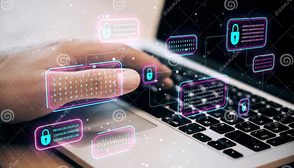 Close Up of Man Hands Using Notebook Keyboard with Creative Encrypted ...
