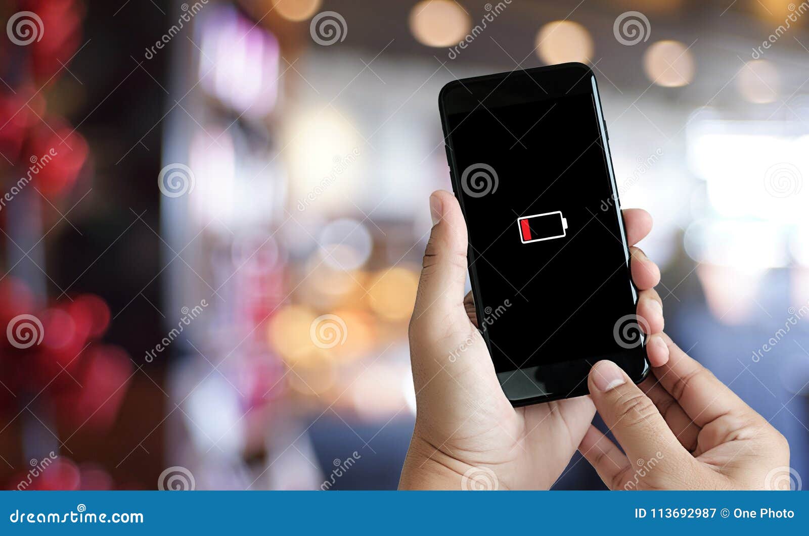 Close Up Man Hands Using Smart Phone Battery Low Charged Battery Stock ...