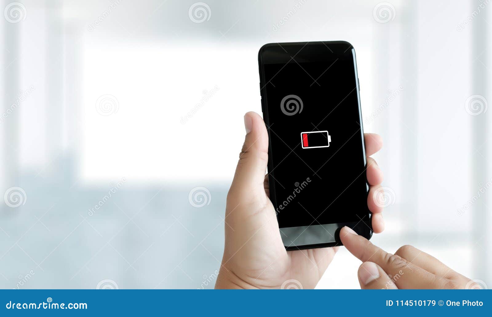 Close Up Man Hands Using Smart Phone Battery Low Charged Battery Stock ...